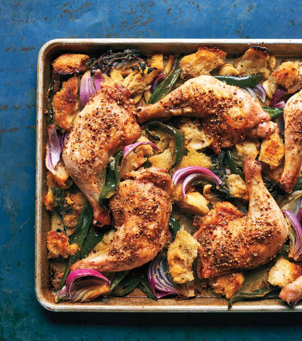 Roasted Chicken Legs with Sourdough Bread & Poblanos - Justin Chapple