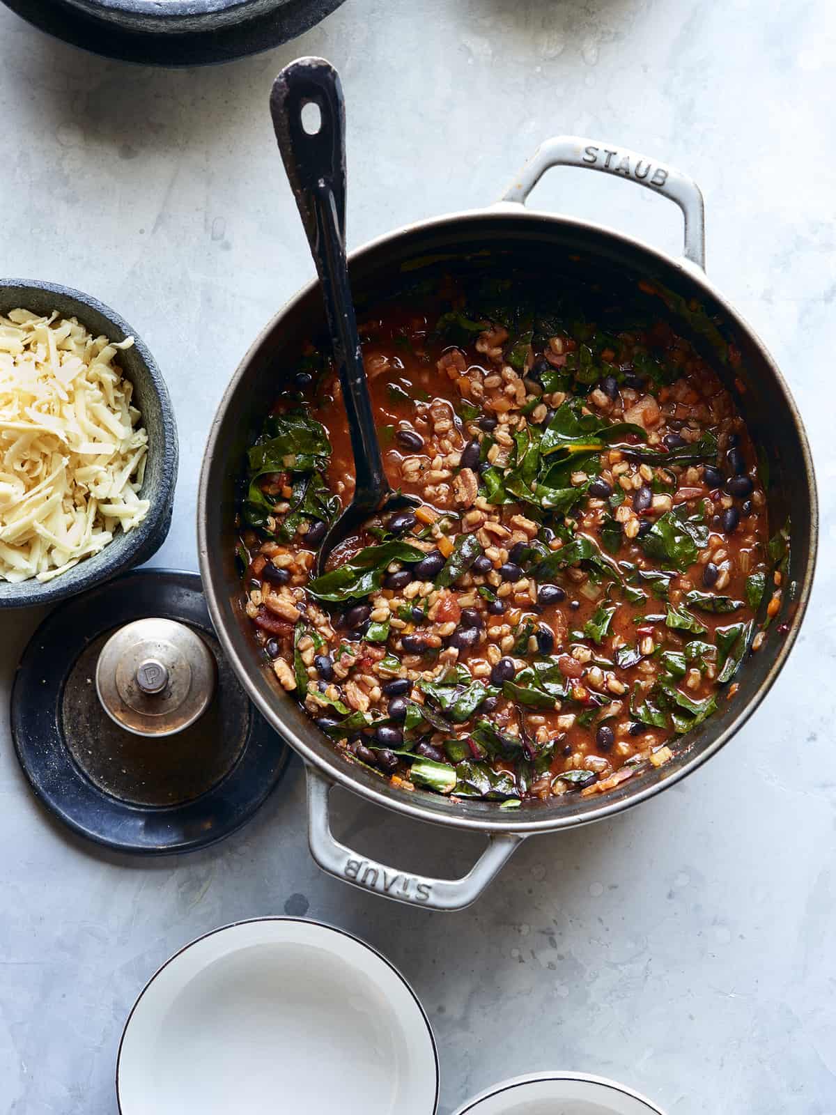 Farro & Black Bean Chili with Swiss Chard & Jack Cheese - Justin Chapple