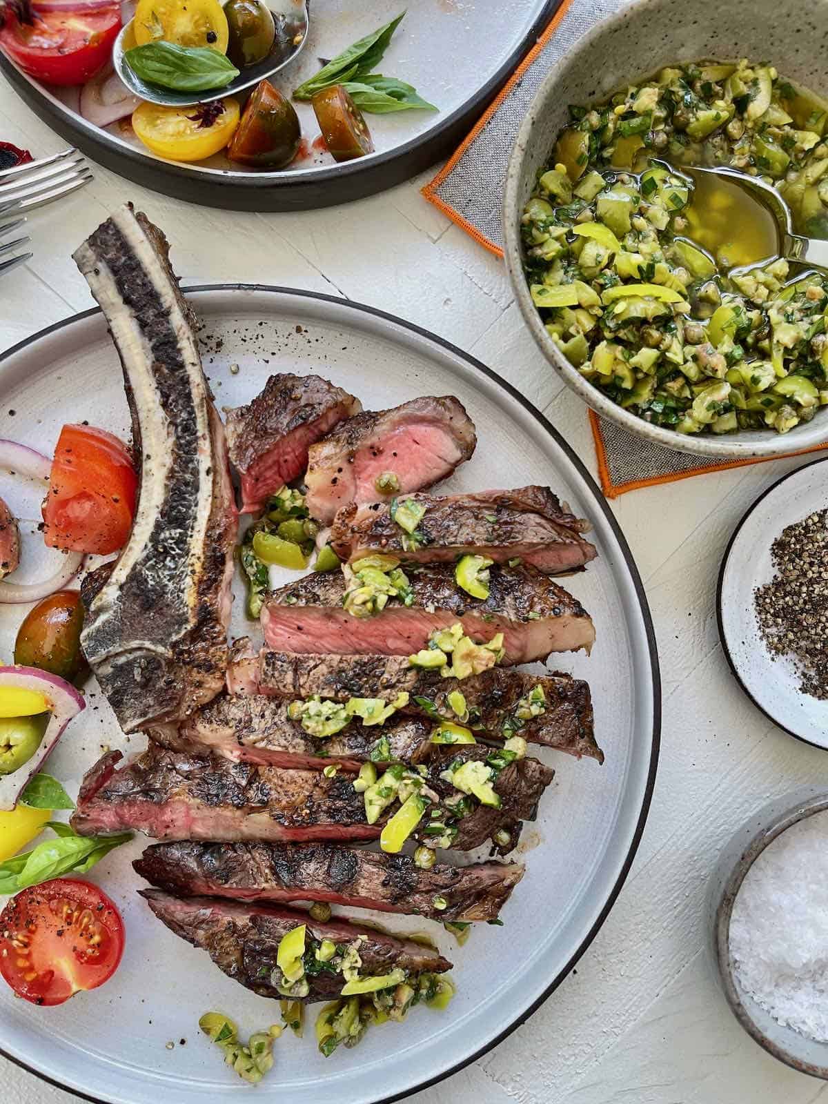 Grilled Rib-Eye Steaks with Olive-Pepper Salsa Verde - Justin Chapple