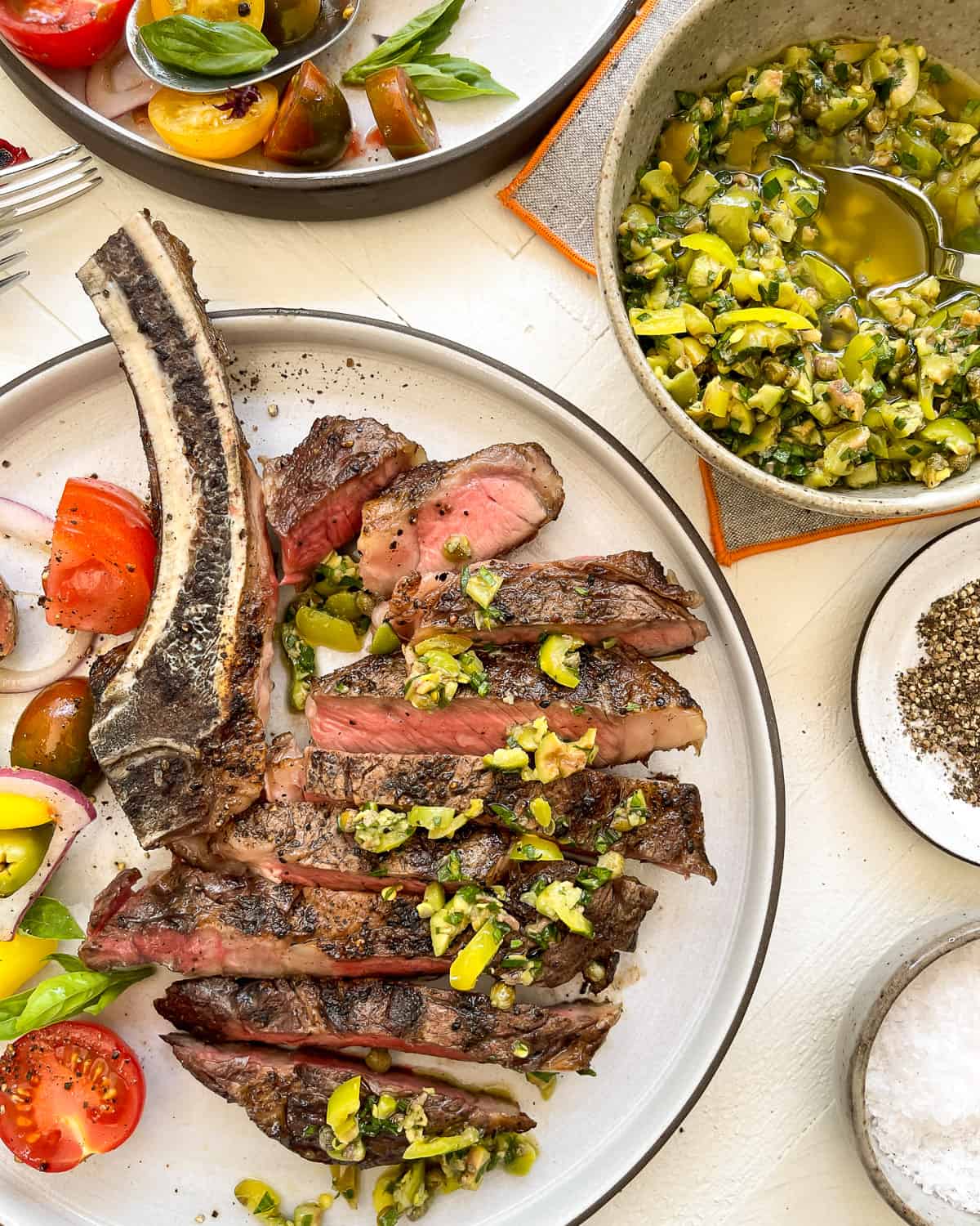 Grilled Rib-Eye Steaks with Olive-Pepper Salsa Verde - Justin Chapple