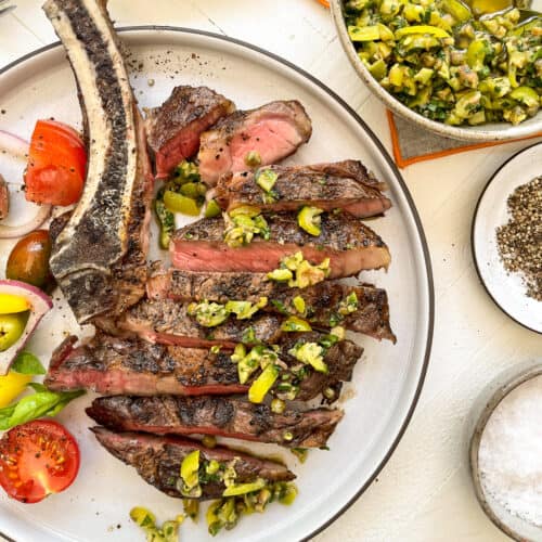 Grilled Rib-Eye Steaks with Olive-Pepper Salsa Verde - Justin Chapple