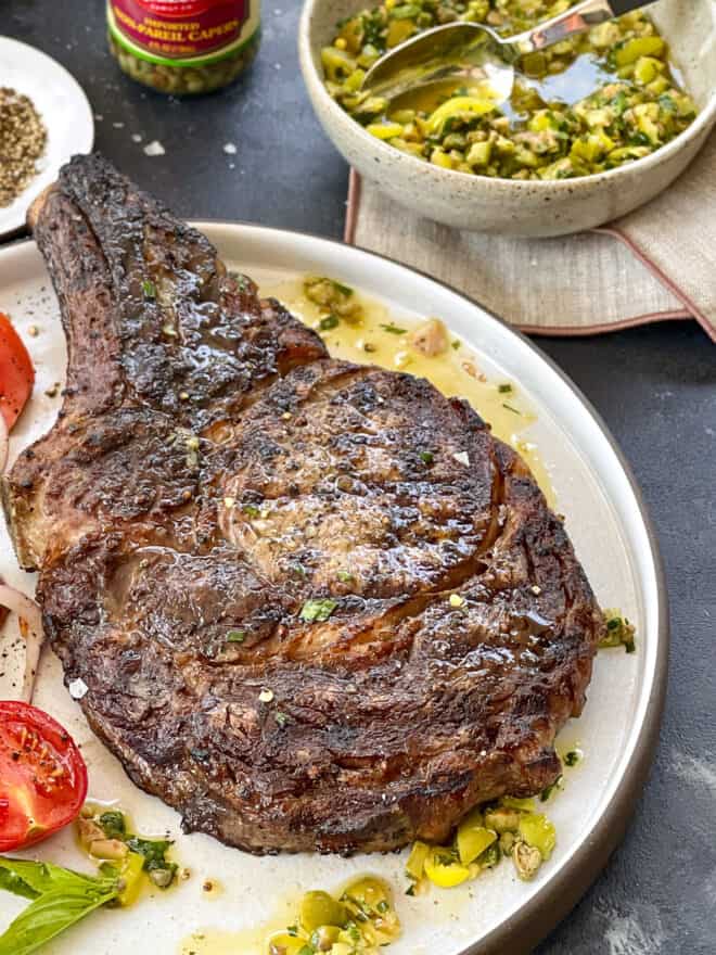 Grilled Rib-Eye Steaks with Olive-Pepper Salsa Verde - Justin Chapple